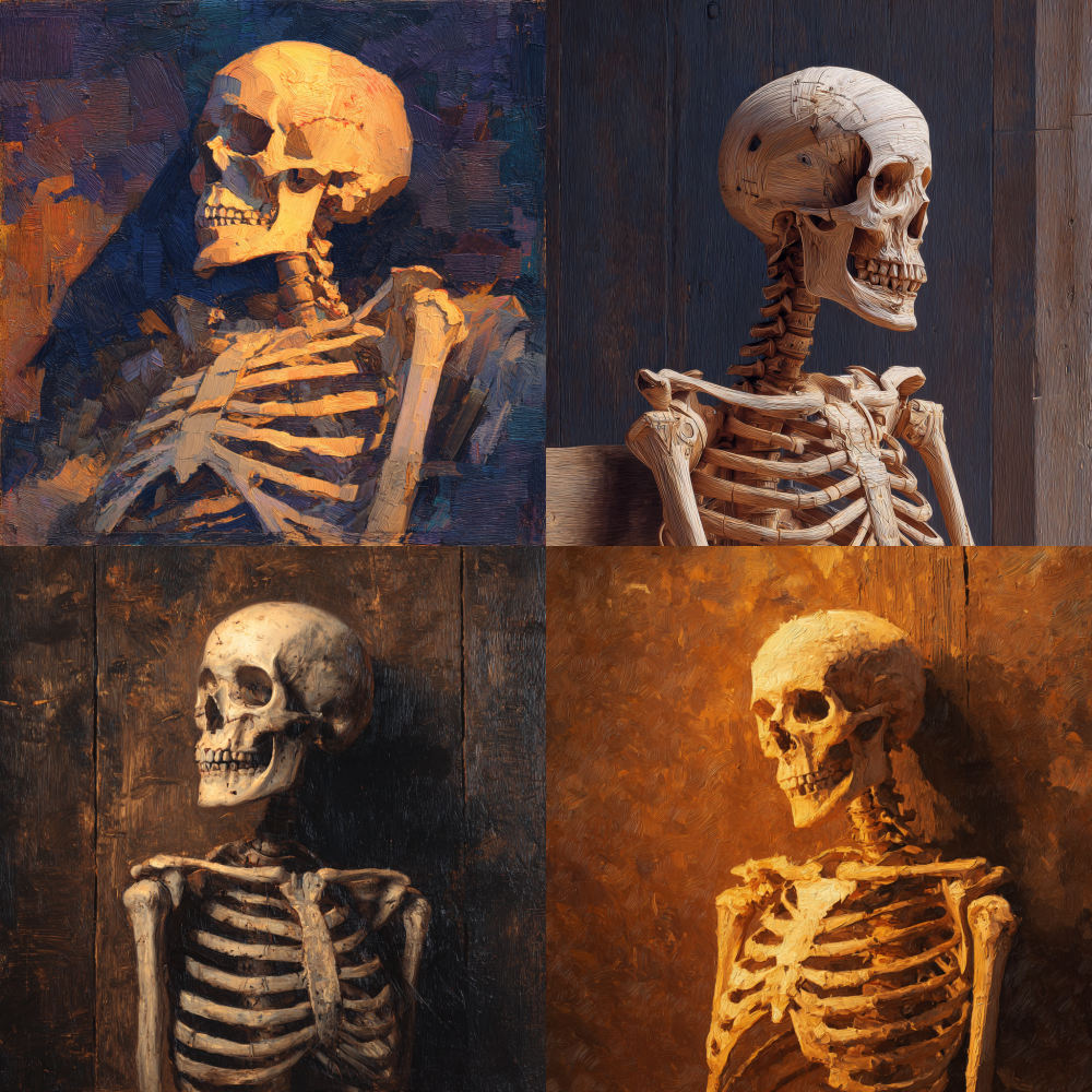 Wooden skeleton, oil painting style | Midjourney官网_AI绘画在线生成工具